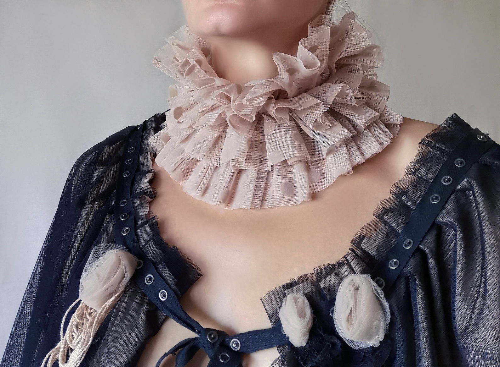 Polka Dot Tulle Collar in Nude Beige Ruffle Burlesque Collar Lolita ...