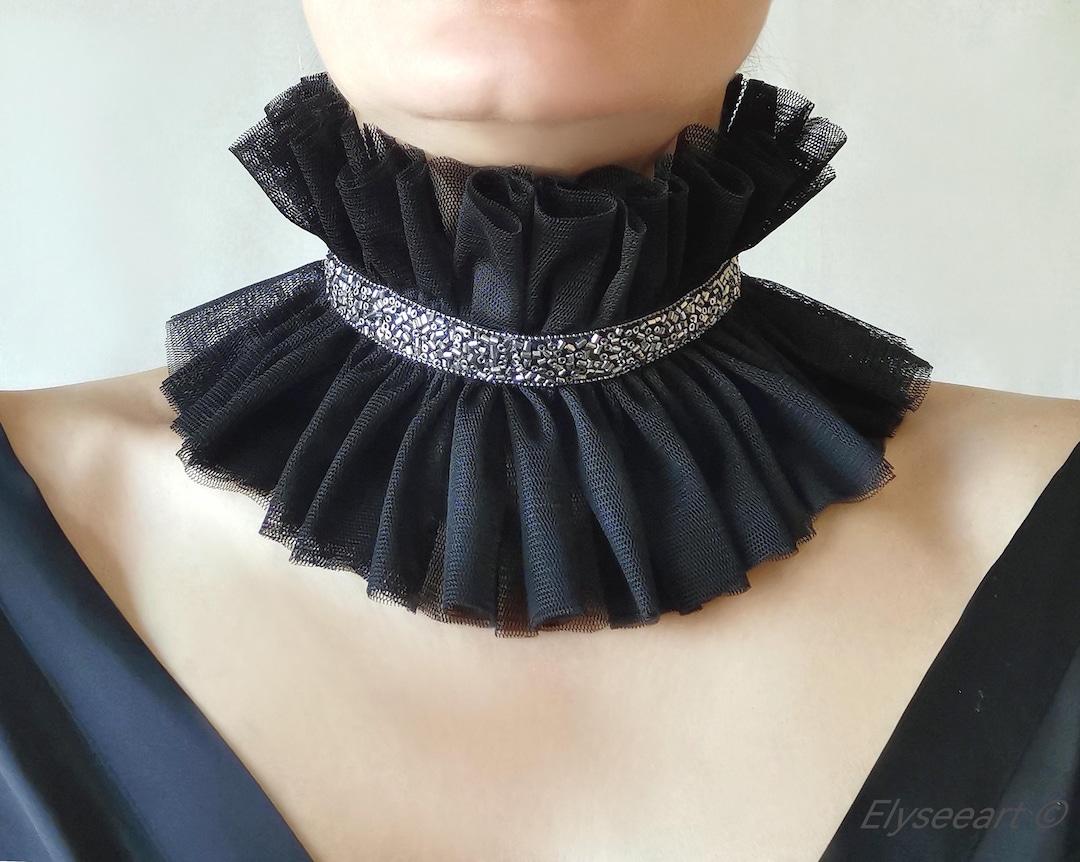 Rococo Tulle Ruffle Collar in Black and Silver Beaded Renaissance Neck ...