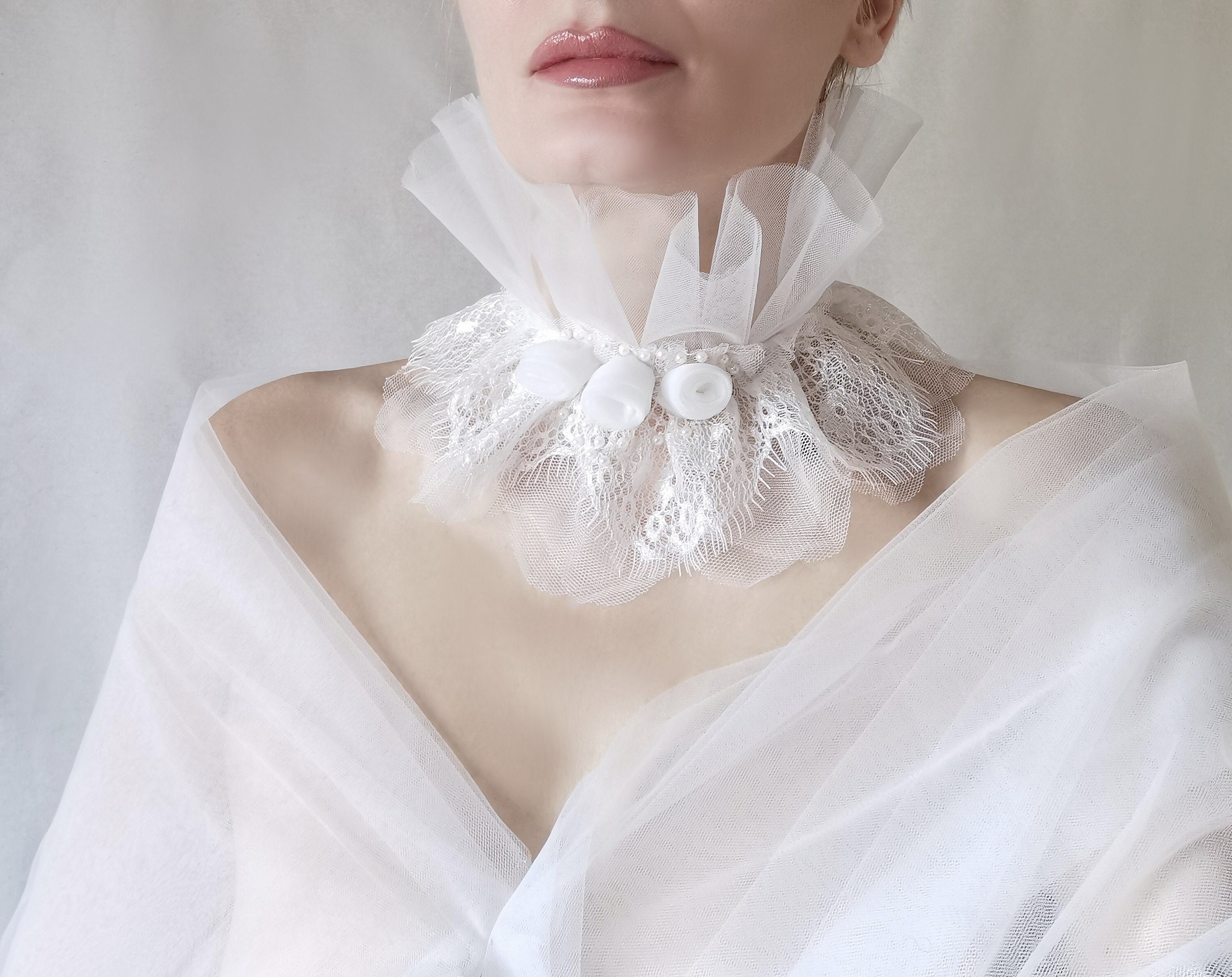 Bride Collar Tulle and Lace in White Ivory Wide Choker Victorian ...