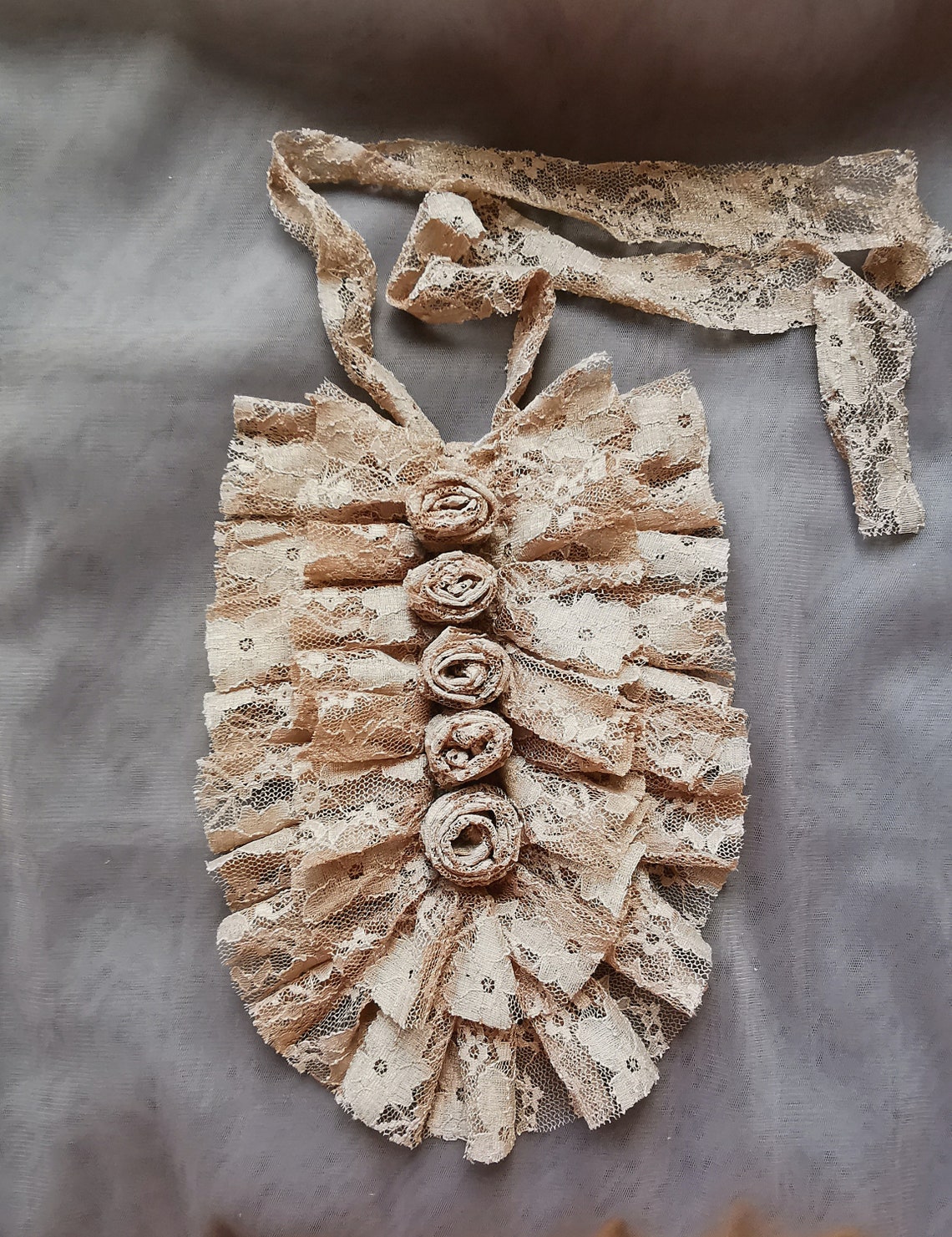 Edwardian Lace Ruffle Jabot With Roses in Taupe Nude Floral Lace Bib ...