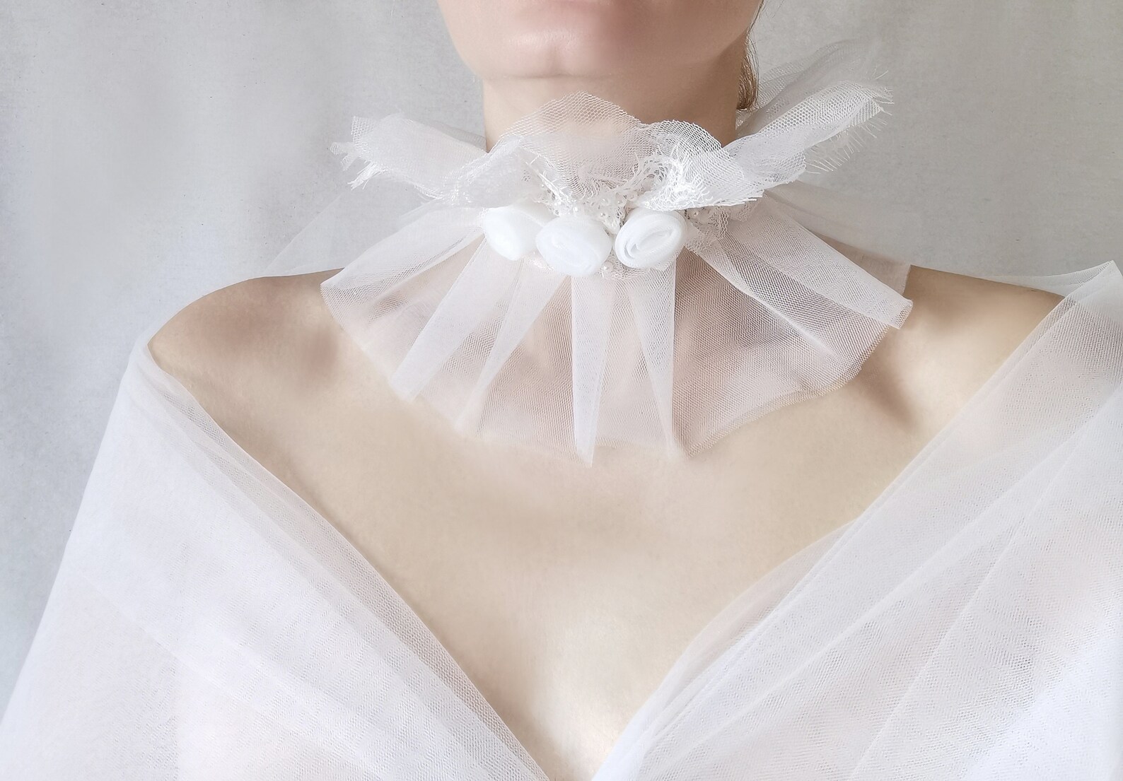 Bride Collar Tulle and Lace in White Ivory Wide Choker Victorian ...