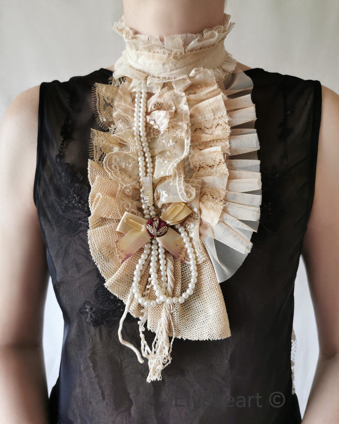 Victorian Lace Ruffle Jabot in Beige With Pearls and Rococo Bow Collar ...