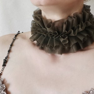 Khaki Olive Tulle Ruffle Collar Clown Neck Ruff Frilly Choker Jester ...