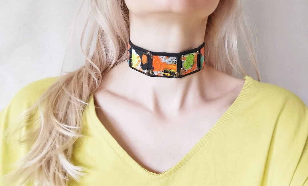 Leather Choker Abstract Paintings Collar Painted Paper Neckpiece Art to ...