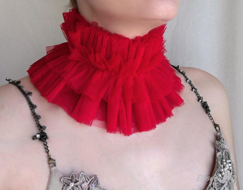 Red Tulle Ruff Collar Necklace Queen of Hearts Choker Edwardian Costume ...