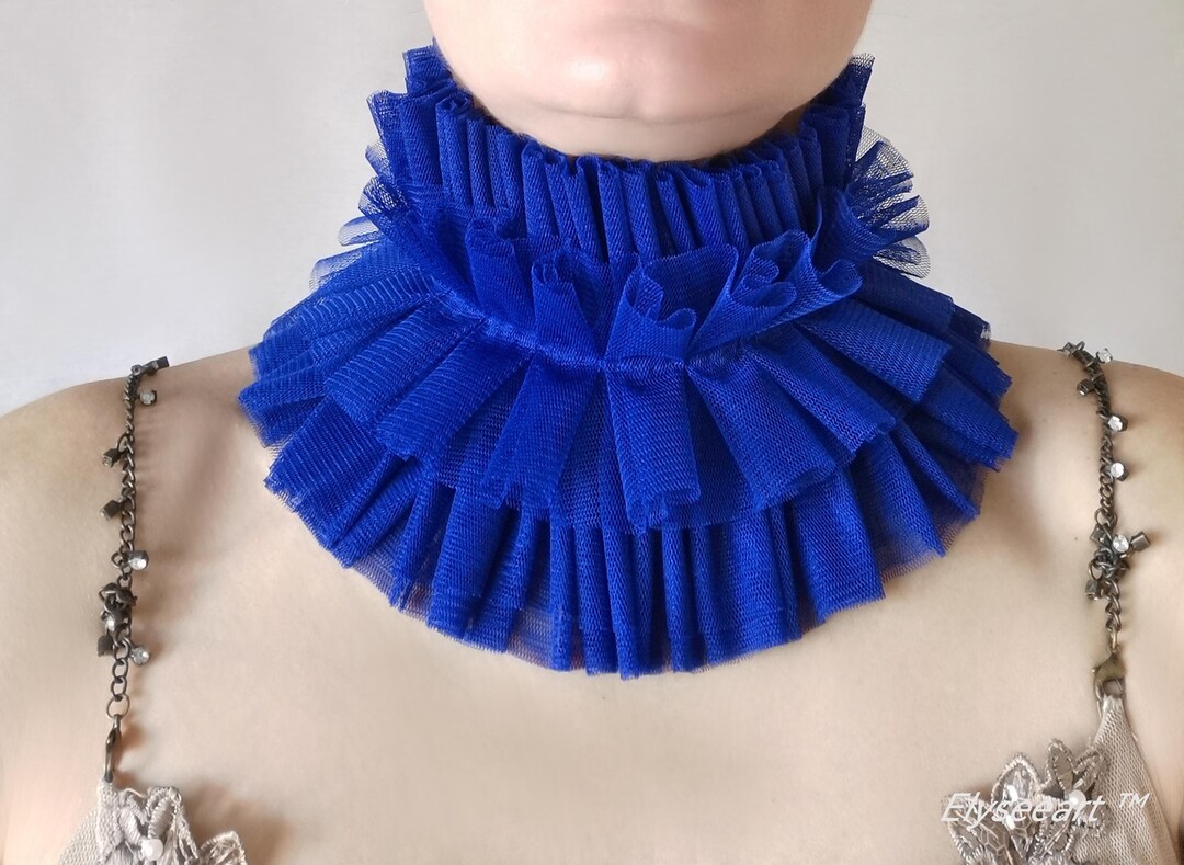 Blue Cobalt Tulle Ruffle Collar Clown Accessory Renaissance High Neck ...