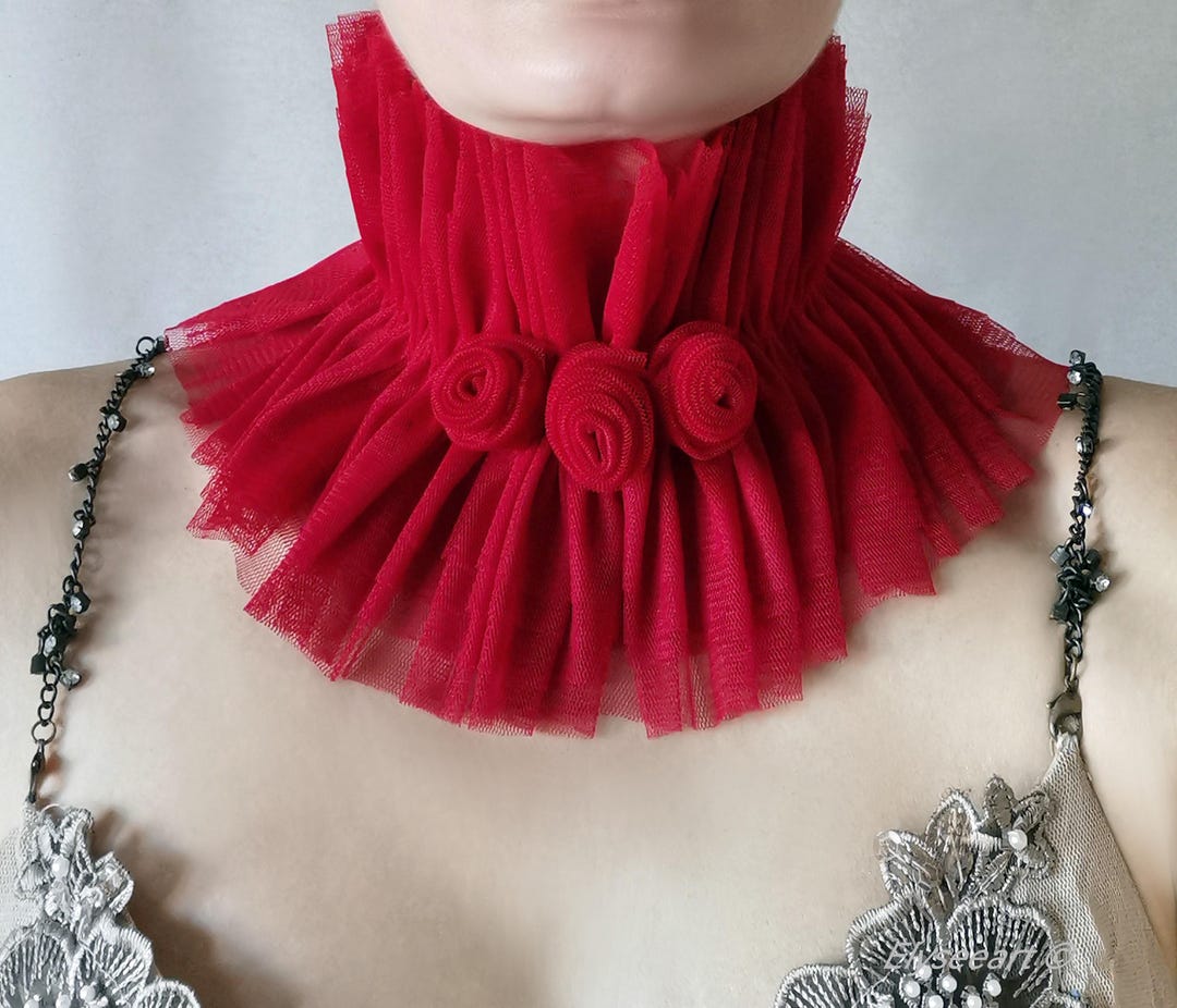 Red Tulle Roses Collar Queen of Hearts Ruff Collar Victorian Neck Ruff ...