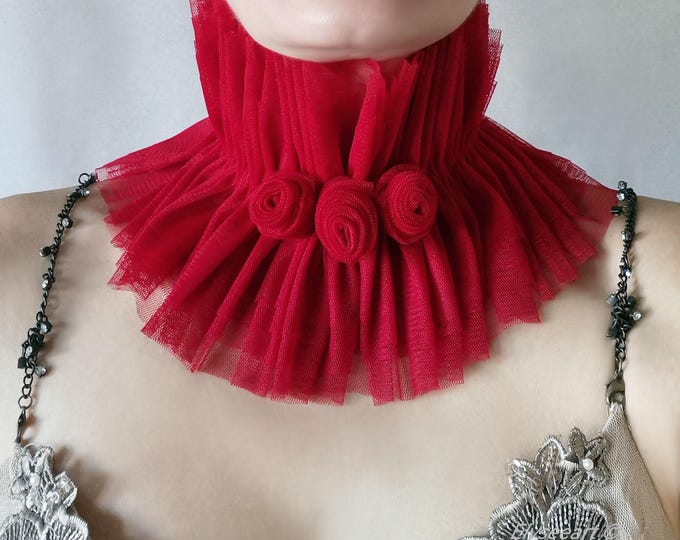 Red Tulle Roses Collar Queen of Hearts Ruff Collar Victorian Neck Ruff ...