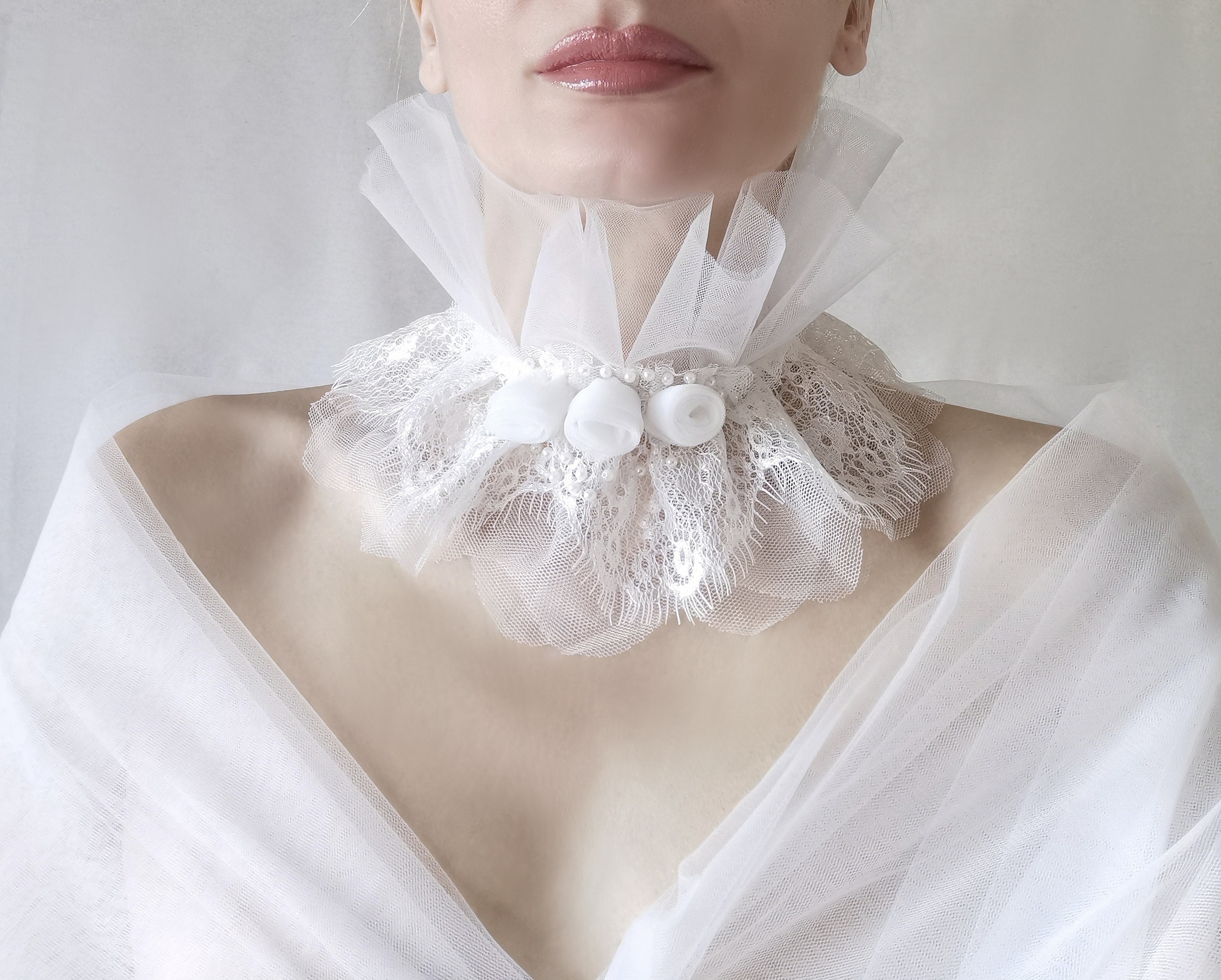 Bride Collar Tulle and Lace in White Ivory Wide Choker Victorian ...