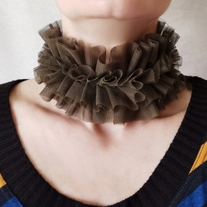 Khaki Olive Tulle Ruffle Collar Clown Neck Ruff Frilly Choker Jester ...