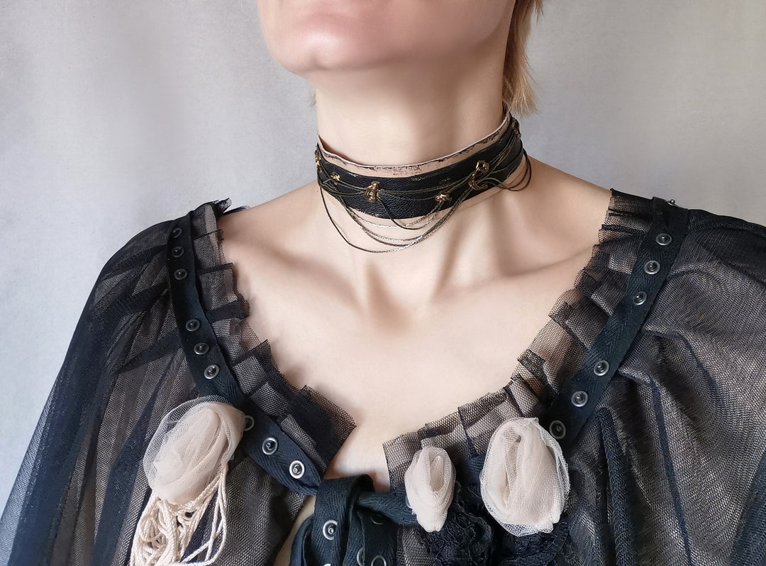 Gothic Choker Black Leather and Chain Embellished Collar Goth Fashion ...