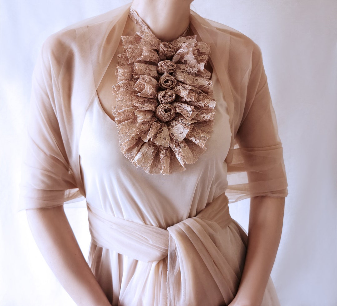 Edwardian Lace Ruffle Jabot With Roses in Taupe Nude Floral Lace Bib ...