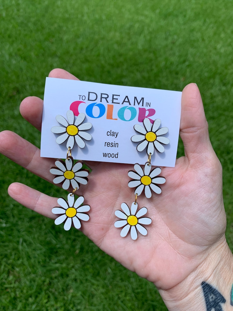 Daisy Flower Earrings Statement Earrings Wood Earrings - Etsy
