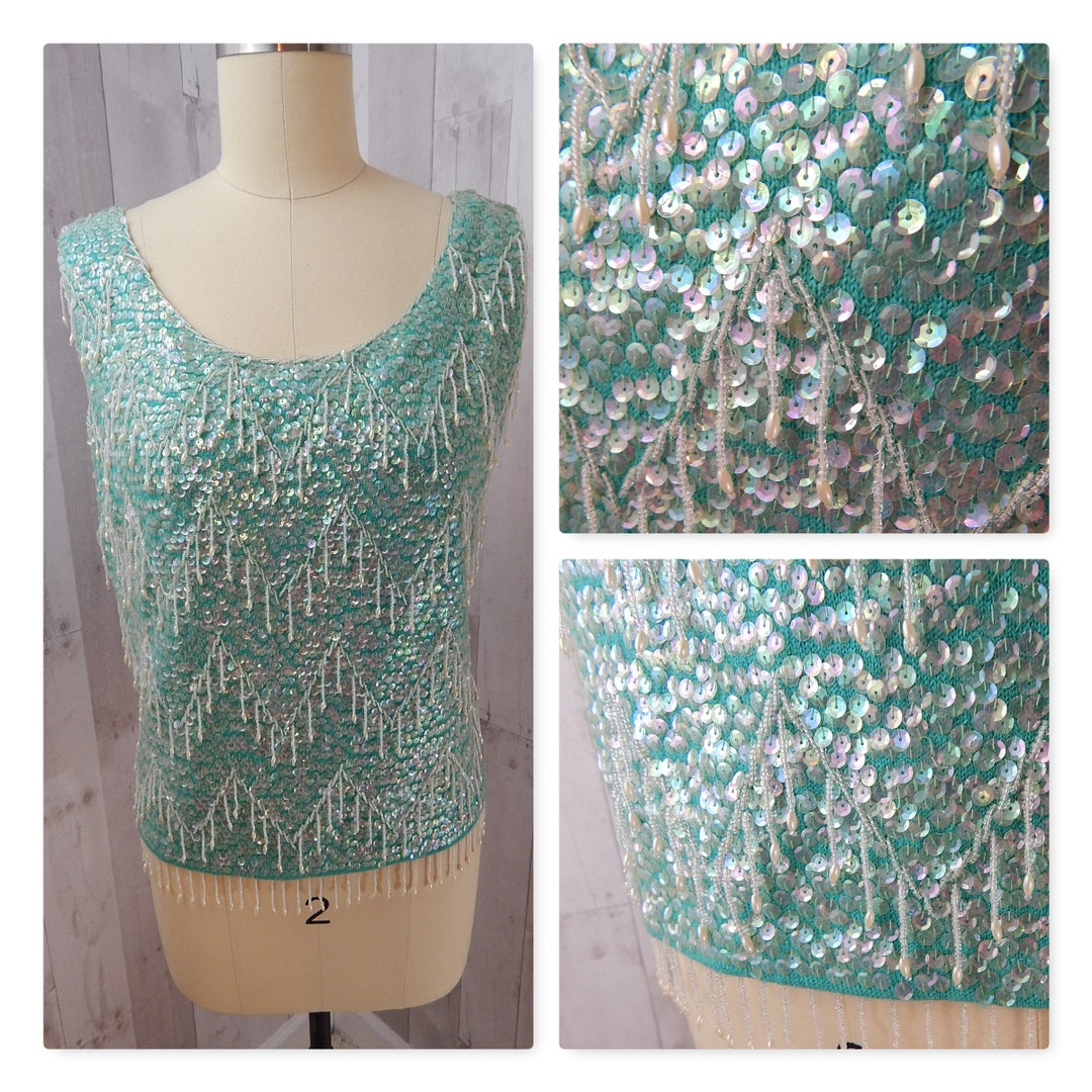 1950-60s Teal Green Iridescent Bead & Sequin Shell Tank Top - Beaded ...
