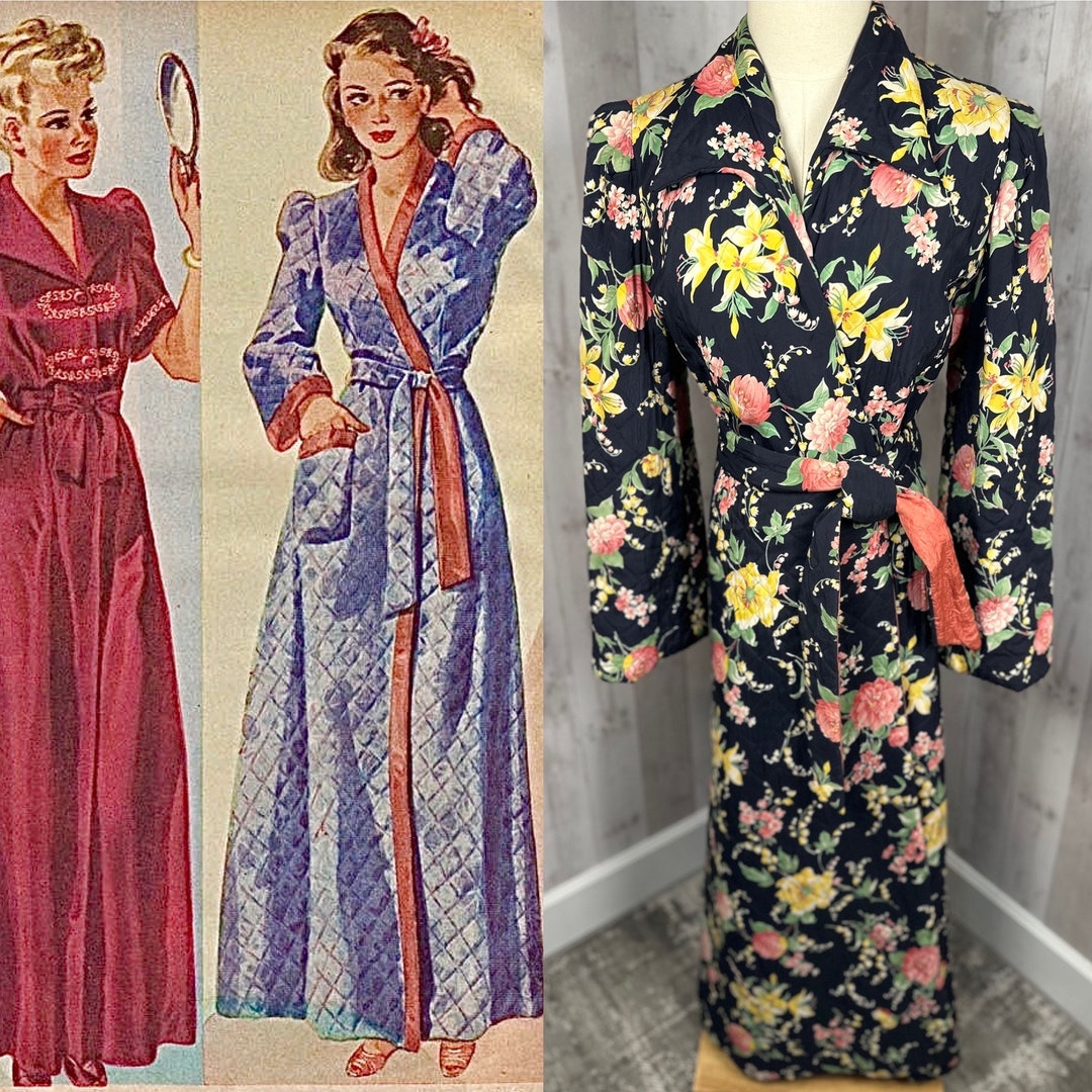 1940s Antique Quilted Dressing Gown / Robe / Peignoir Vintage Navy Blue ...