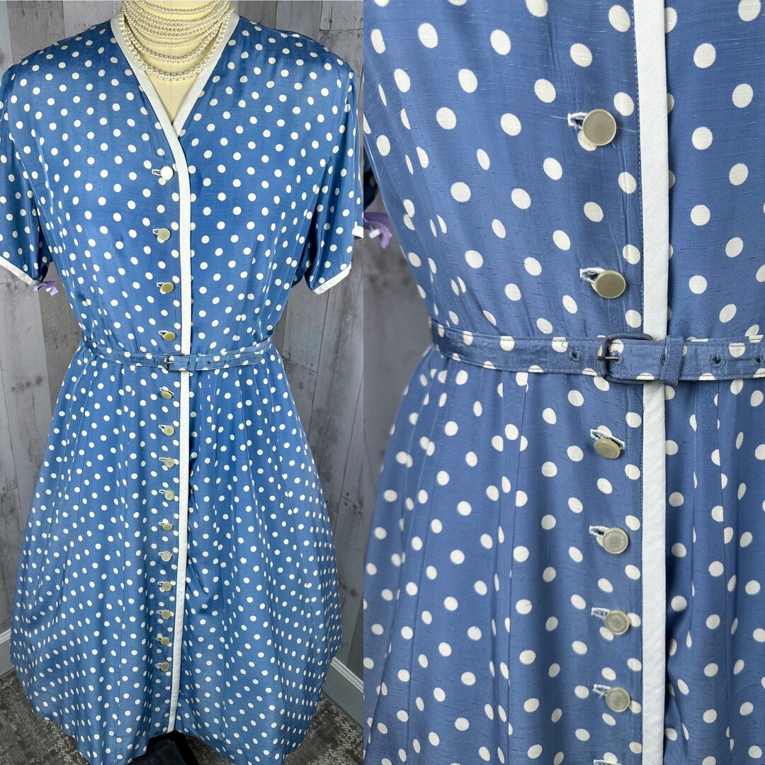 1950s Vintage A-line Dress~pale Blue Polka Dot Silk Frock Plus 50B X ...