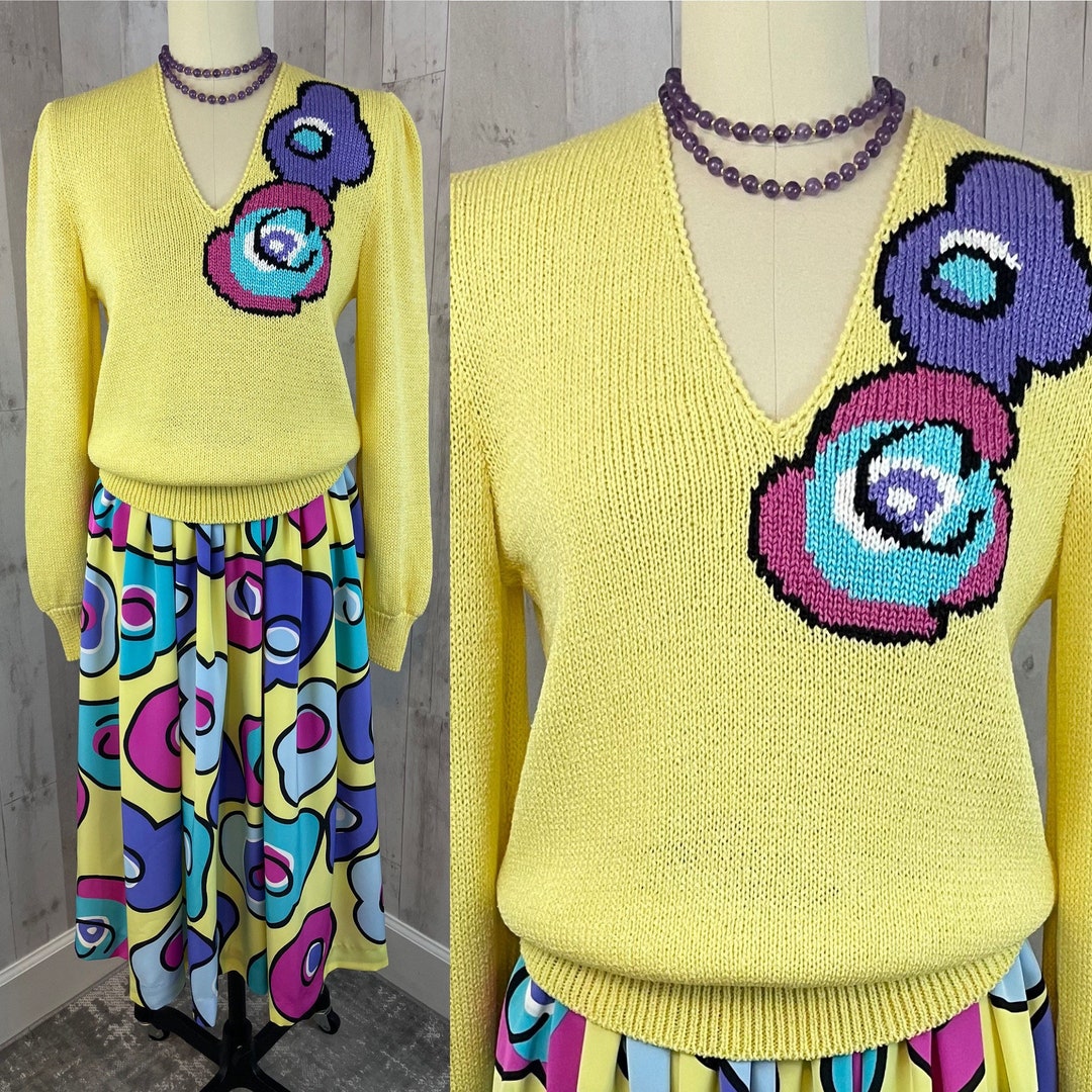 LILLI ANN 1970s 2PC Outfit Knit Sweater Full Skirt MOD Print Small - Etsy