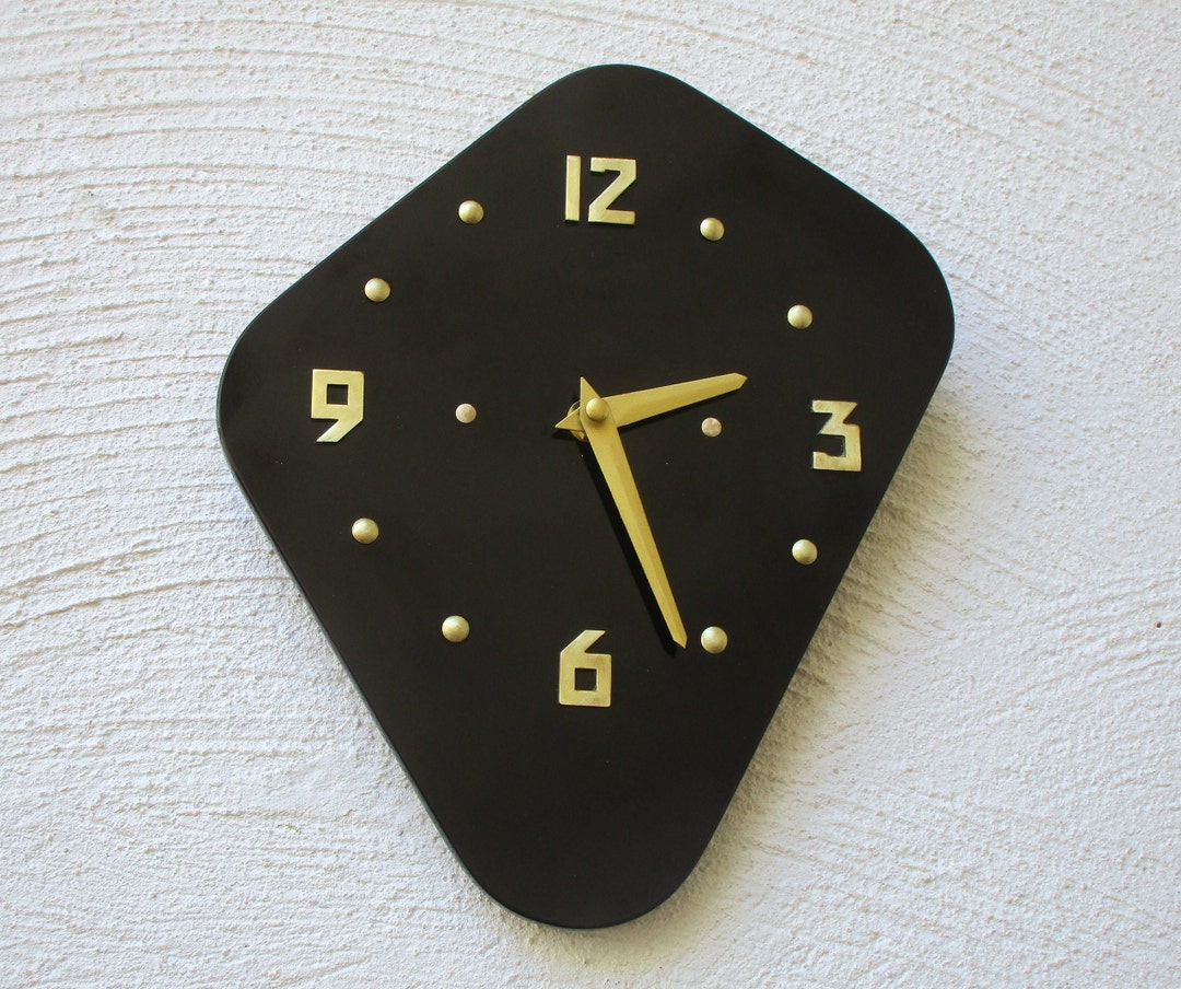 1950s-60s Vintage French Black ODO Formica Wall Clock Funky Oblong ...