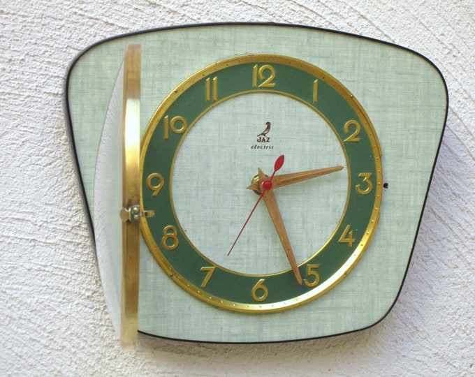 French GREEN 1950-60s Atomic Age JAZ Formica Wall Clock-freeform Shape ...