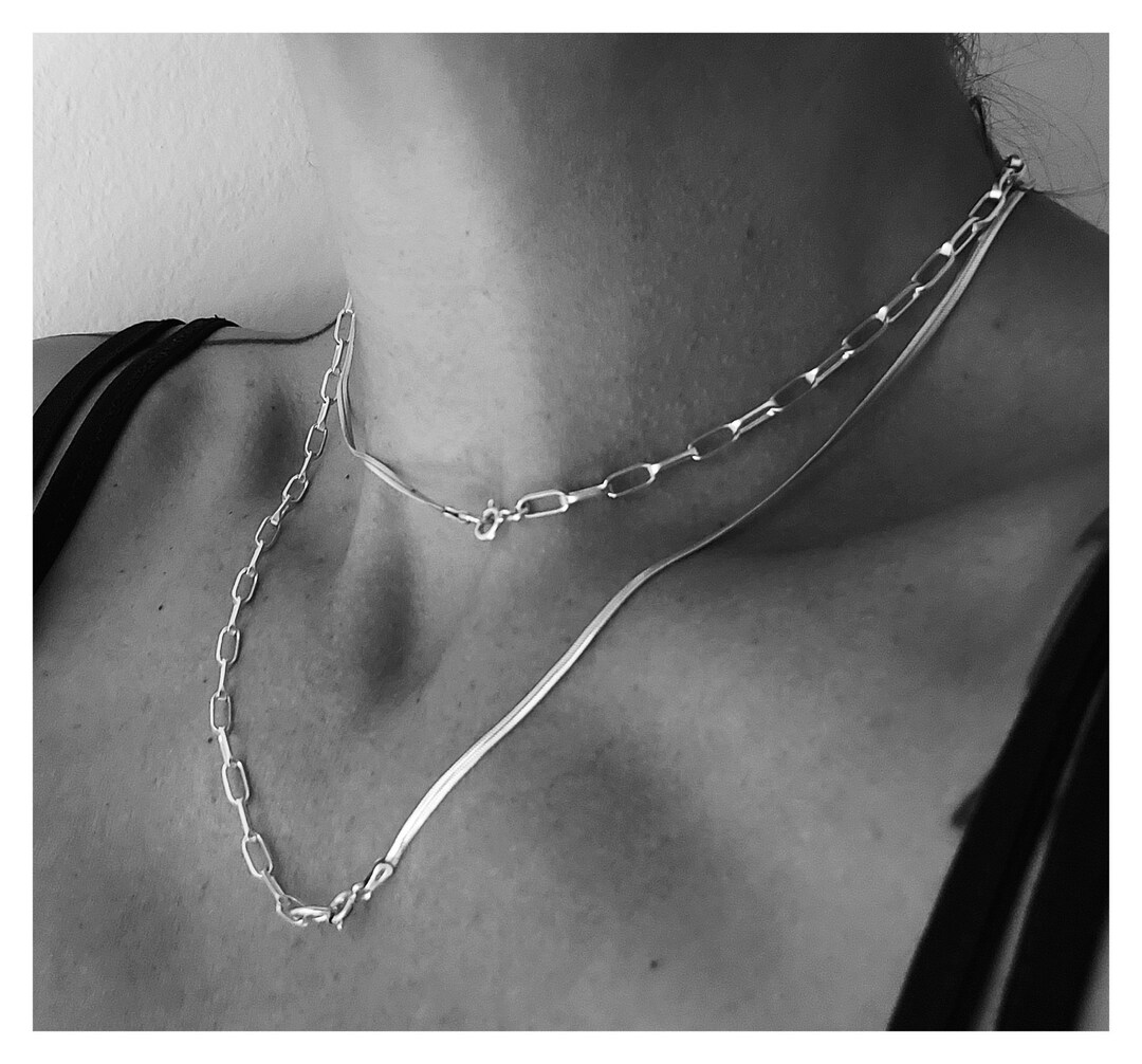 Two Chains Combination, Snake Herringbone Silver Chain, Everyday ...