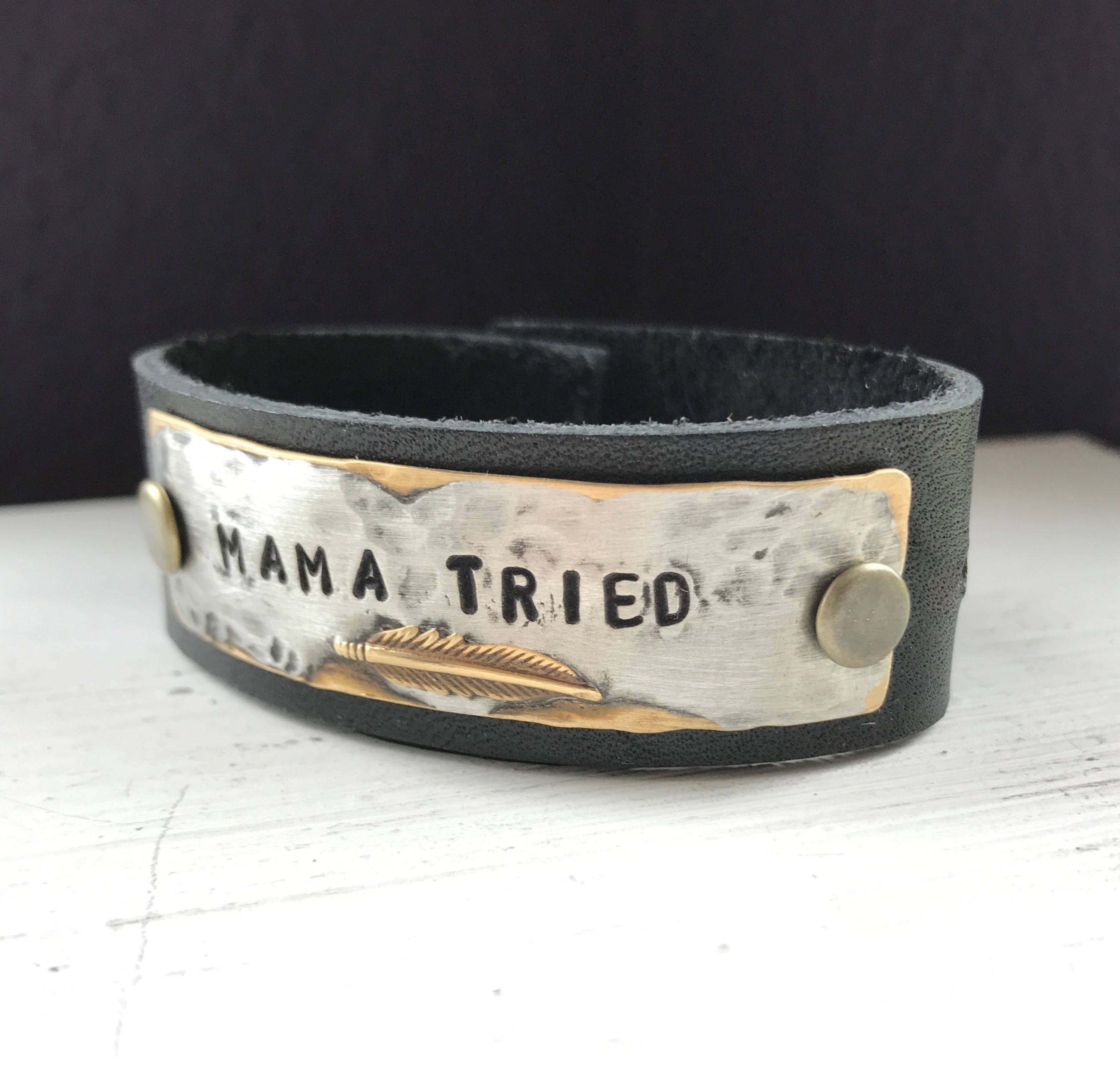 MAMA TRIED, Feather, Hand Stamped Leather Cuff Bracelet Affirmation ...