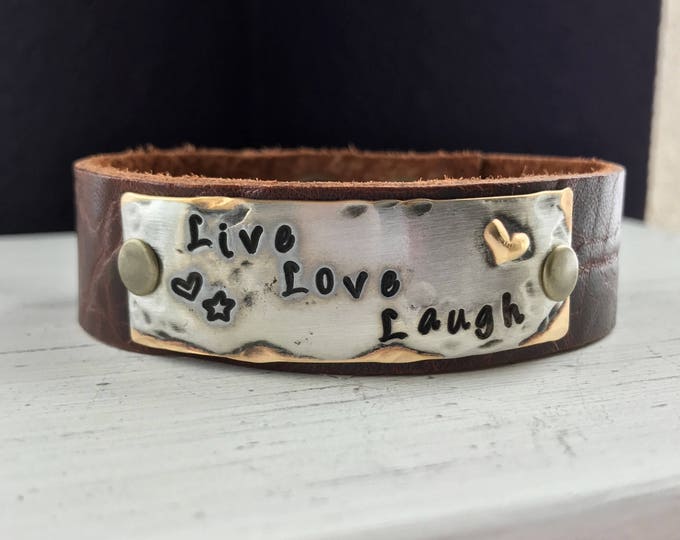 Live Love Laugh, Hand Stamped Leather Cuff Bracelet, Affirmation Mantra ...