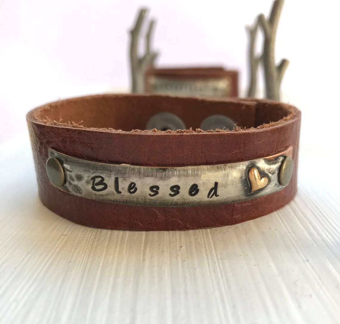 Blessed Heart Hand Stamped Leather Cuff Bracelet - Etsy