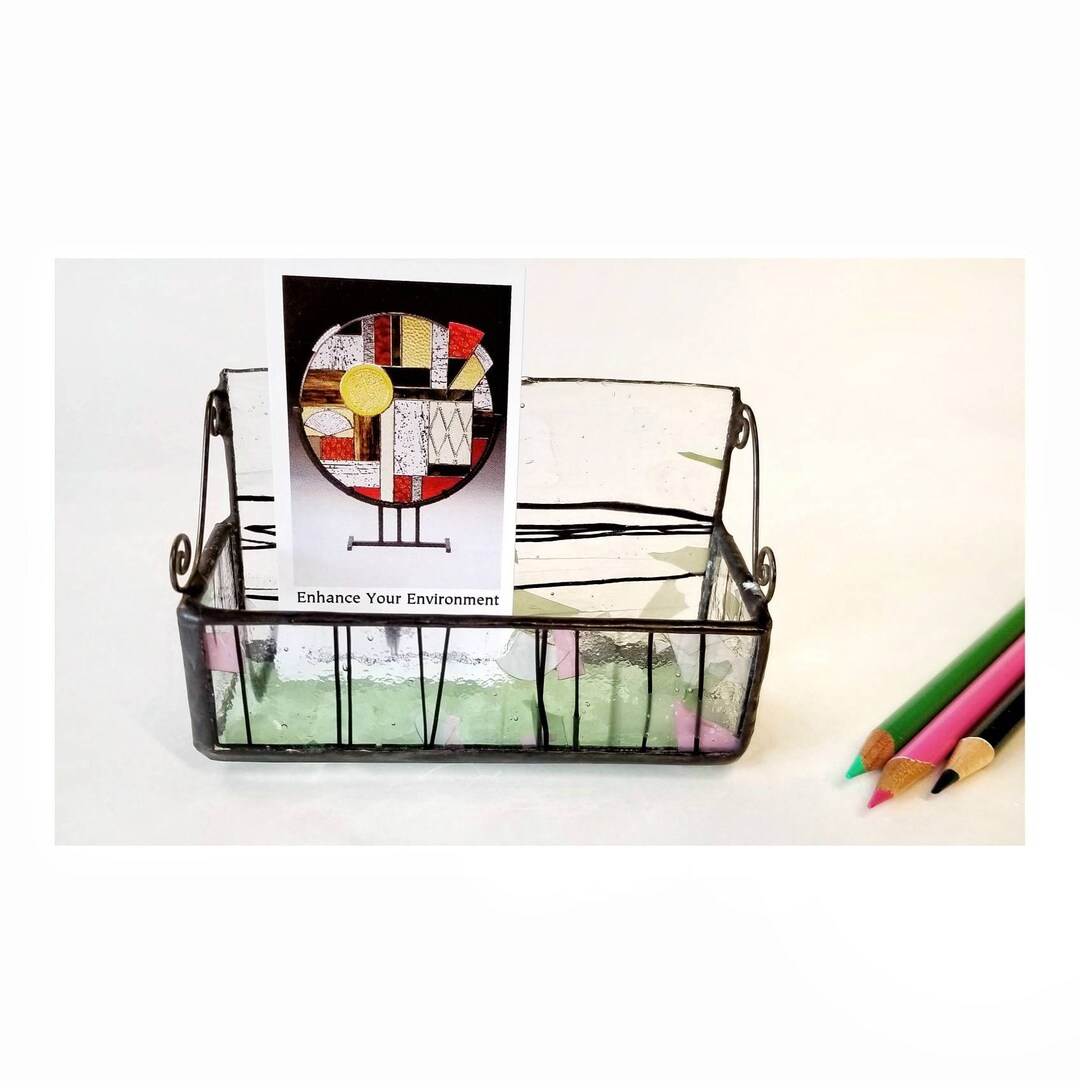 Business Card Holder Stained Glass Trinket Box Pink & Green Confetti W ...