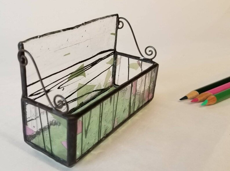Business Card Holder Stained Glass Trinket Box Pink & Green Confetti W ...