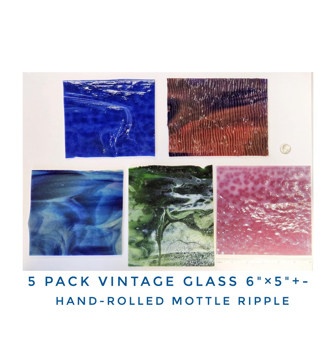 Vintage Stained Glass Sheets. Rippled, Mottled Hand Rolled. 5 Pcs. 5"× ...