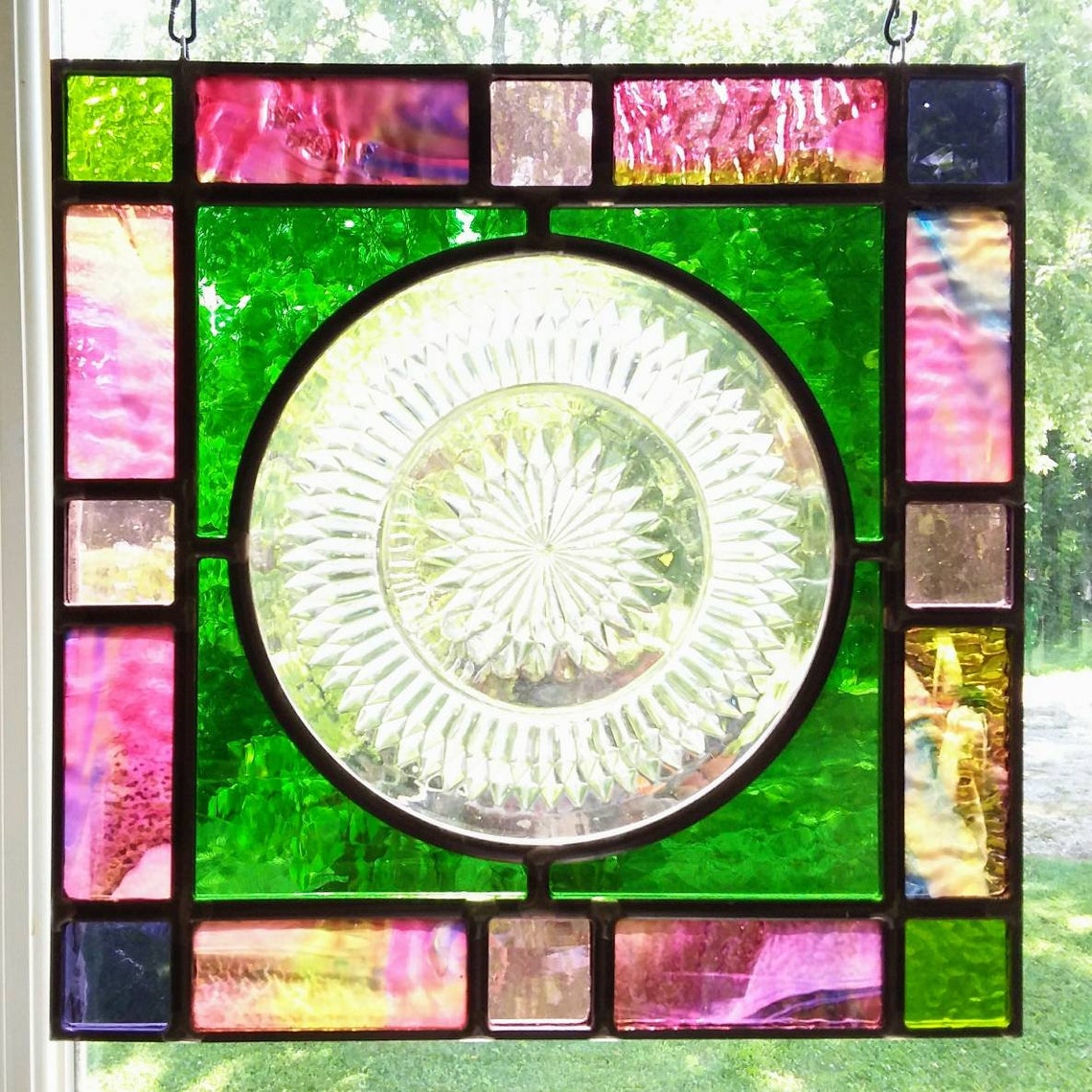 Vintage Plate Glass Art Window Hanging 10 Square Etsy
