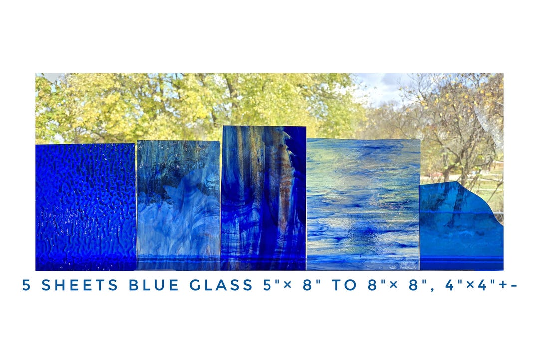 Blue Stained Glass, Scrap Pack Diy. 5 Sheets Cathedral Style. Assorted ...