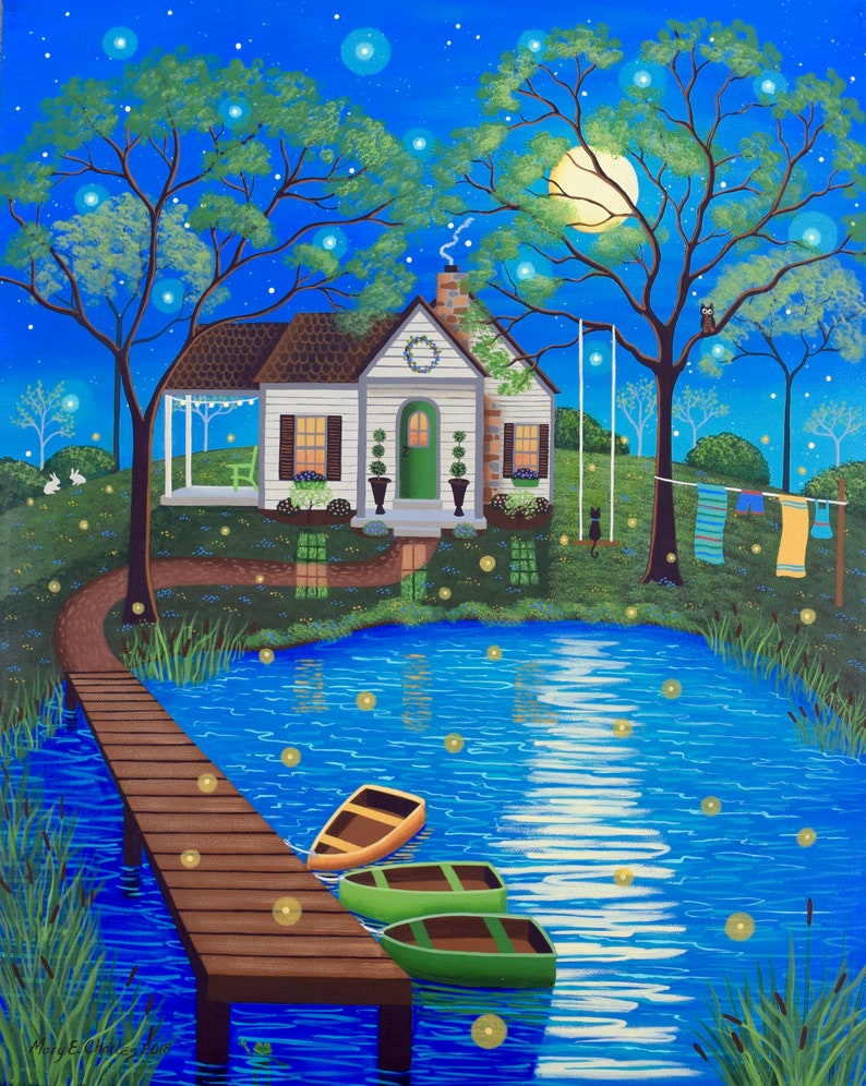 8x10" Firefly Cottage - Folk Art Print by Mary Charles - Etsy