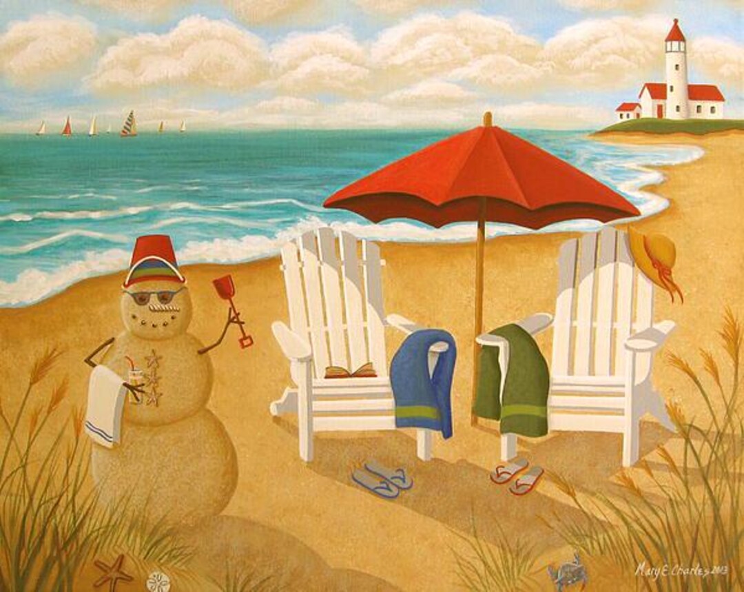 8x10" A Day at the Beach - Folk Art Print by Mary Charles - Etsy