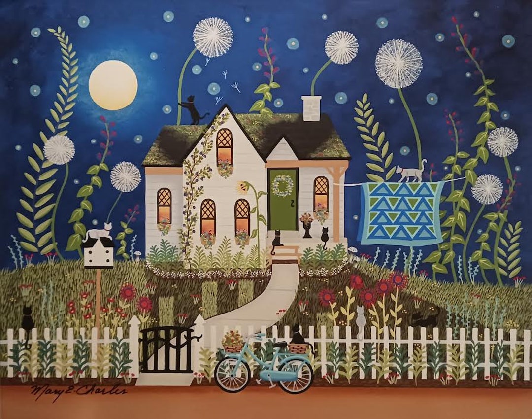 8x10" Cat Lover's Cottage - Folk Art Print by Mary Charles - Etsy