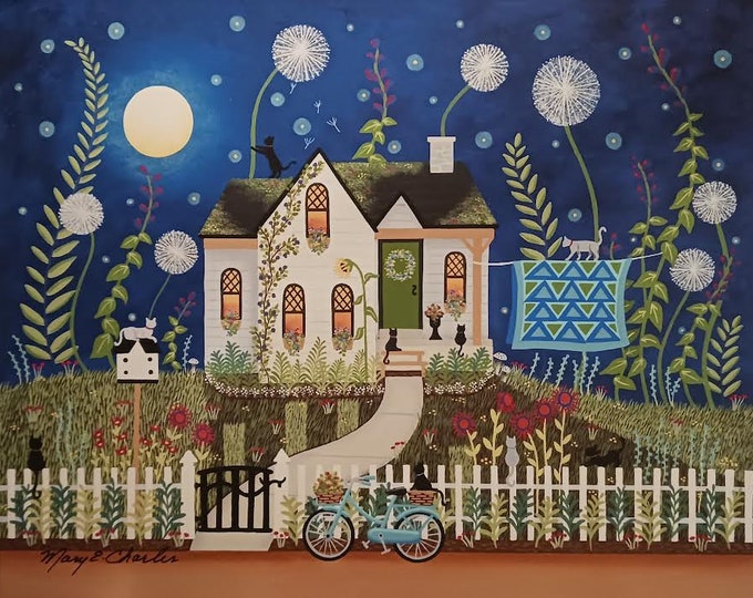 8x10" Cat Lover's Cottage - Folk Art Print by Mary Charles - Etsy