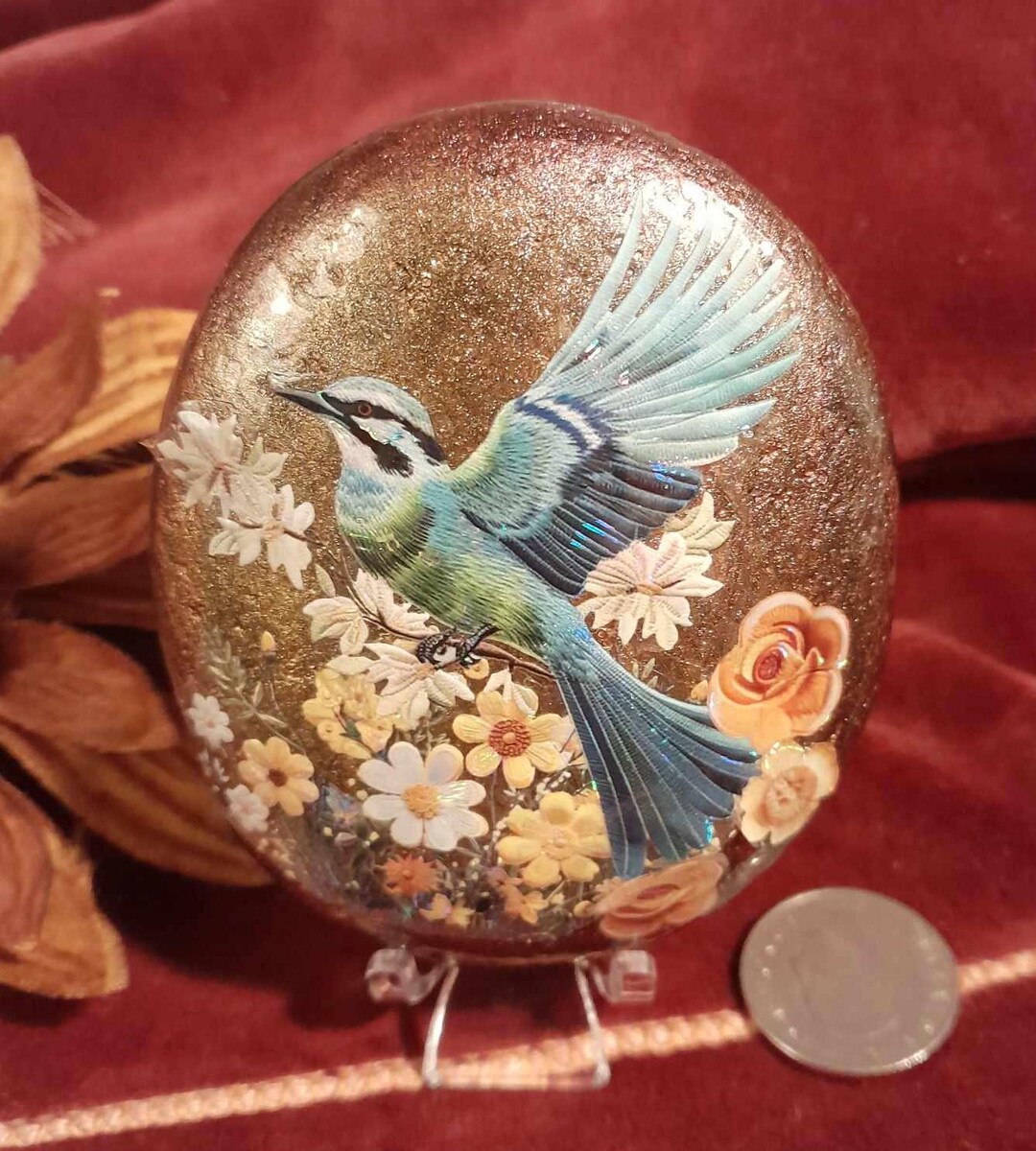 Spectral Bird & Flowers Mixed Media Rock Paperweight Desk Decor Gift ...