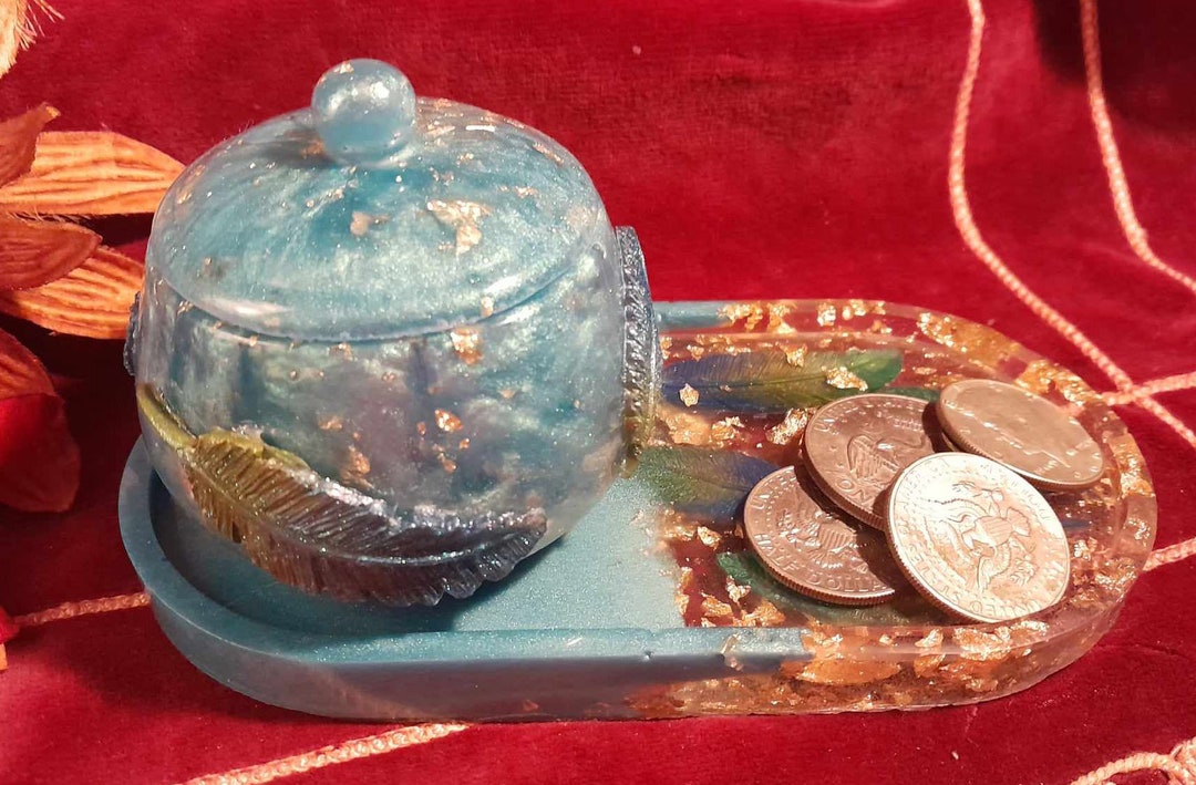 Trinket Tray and Matching Jar SET Ice Blue and Gold Feathers and Flakes ...