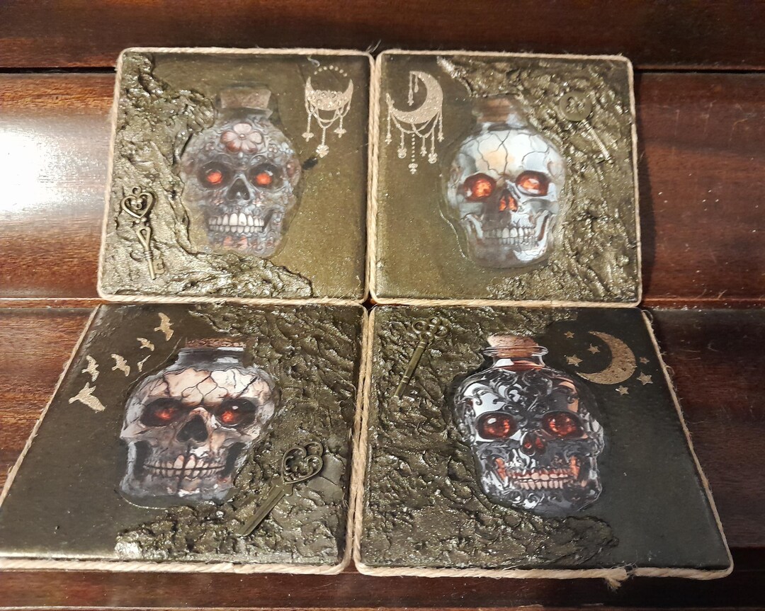 Set of FOUR Goth Skull Ceramic Tiles Mixed Media Handmade Display Wall ...