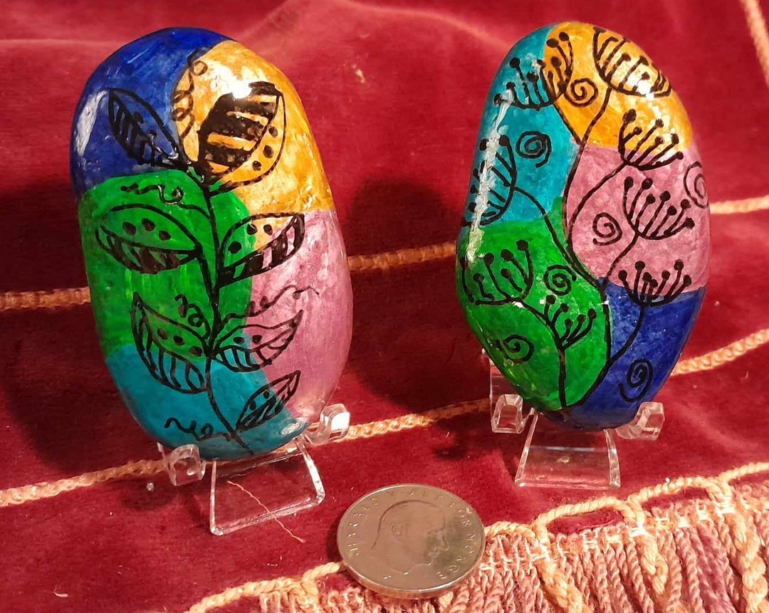 Flora Color Pop Painted Rocks SET of 2 Mixed Media Desk Decor Jewel ...