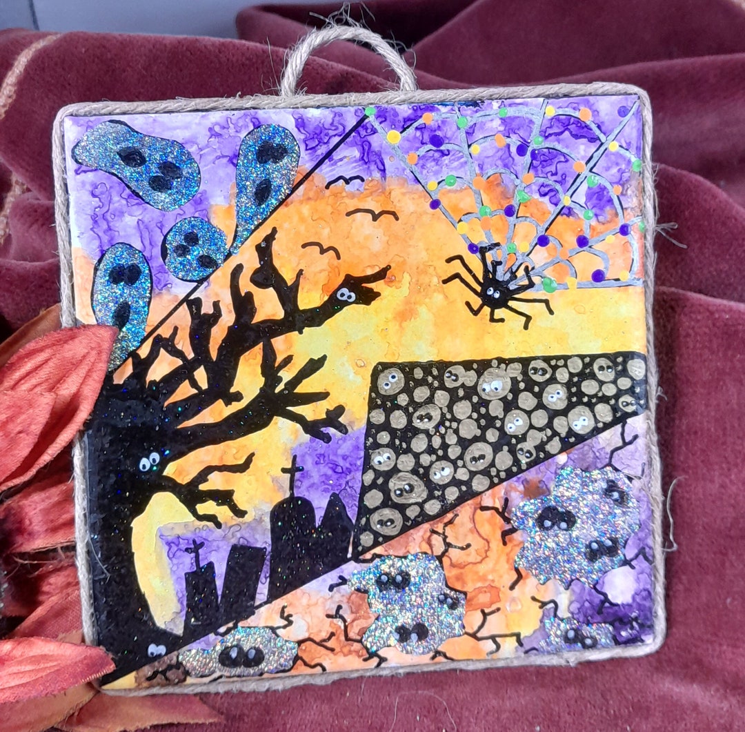 Halloween Collage Ghosts Hand Painted Ceramic Tile Decor Unique Gifts ...