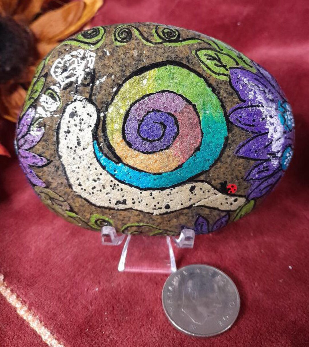 Gorgeous Garden Snail Painted ROCK Decor Shelf Kindness Garden Basket ...