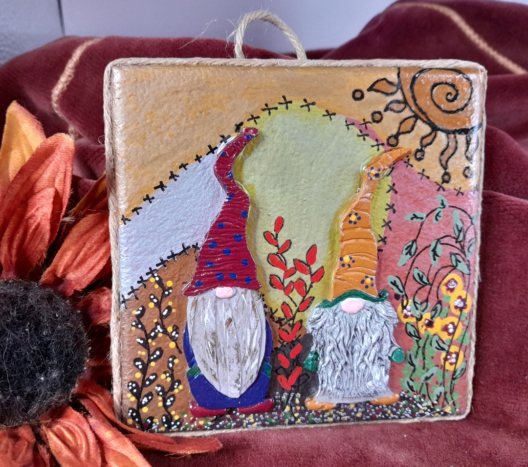 Fall Friends Gnomes Hand Painted Mixed Media Ceramic Tile Decor Unique ...