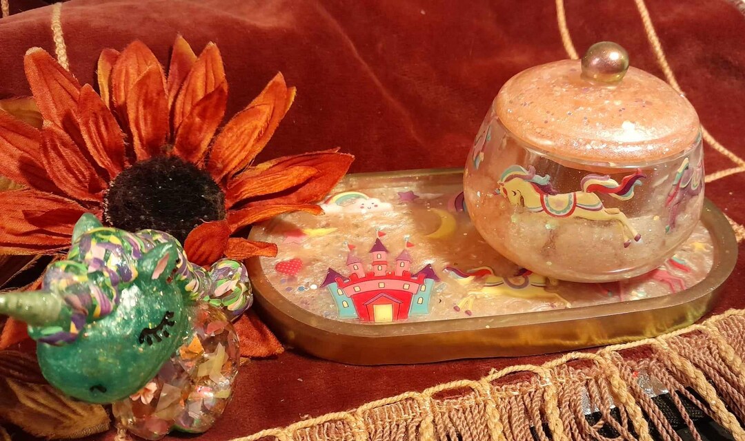 3 PIECE SET Rainbow Unicorn Fantasy Trinket Tray and Lidded Jar Bonus ...