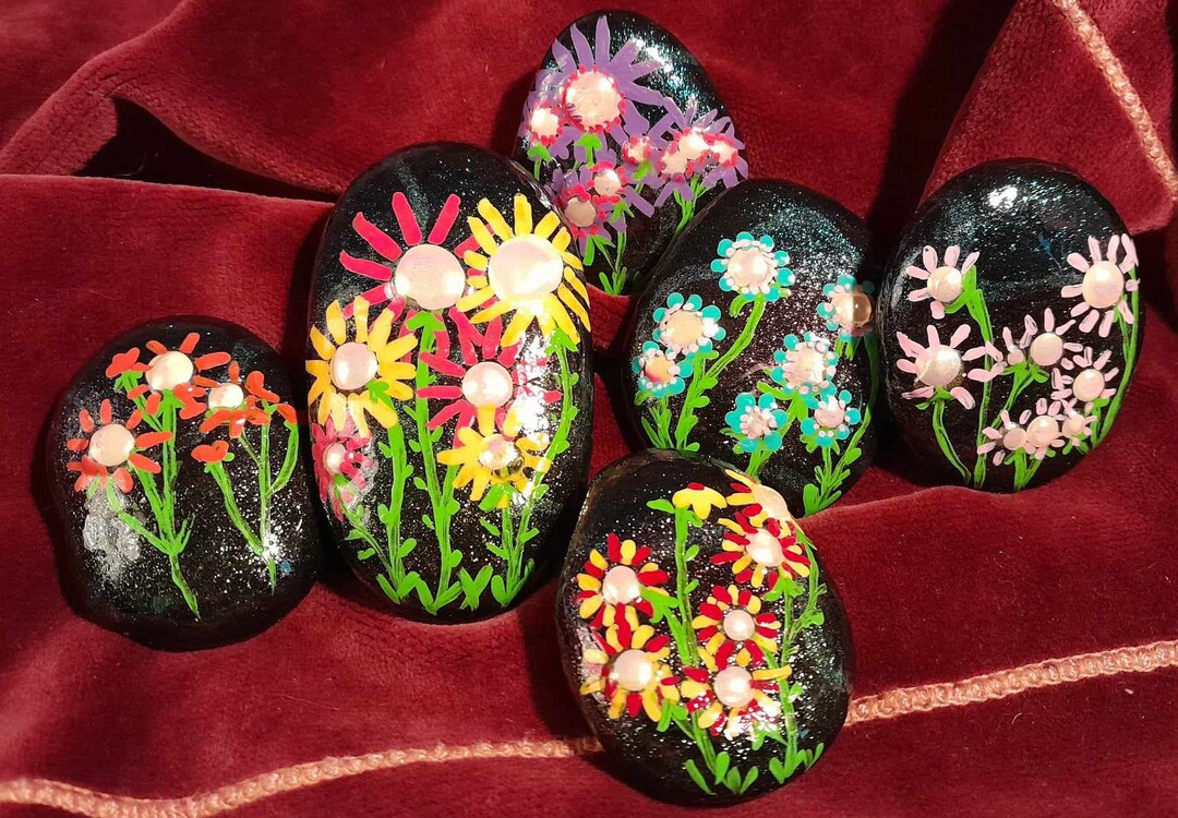 Summer Flora Color Pop ROCKS SET of 6 Mixed Media Gift Decor Garden ...