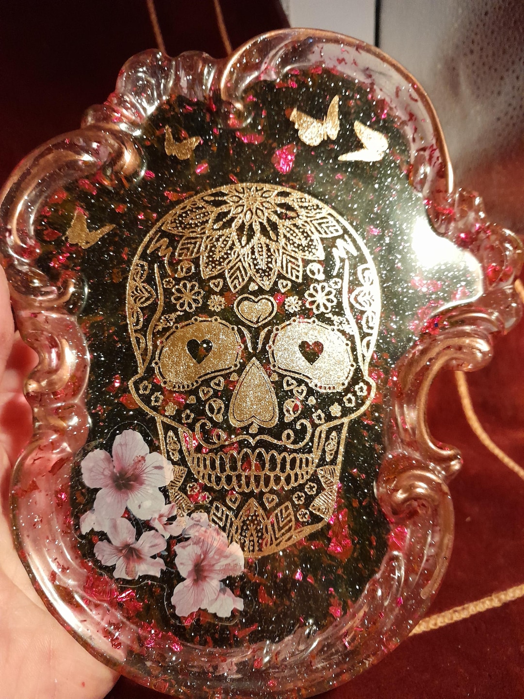 Stunning SUGAR SKULL Trinket Tray Goth Glam Table Knick Knacks Coins ...