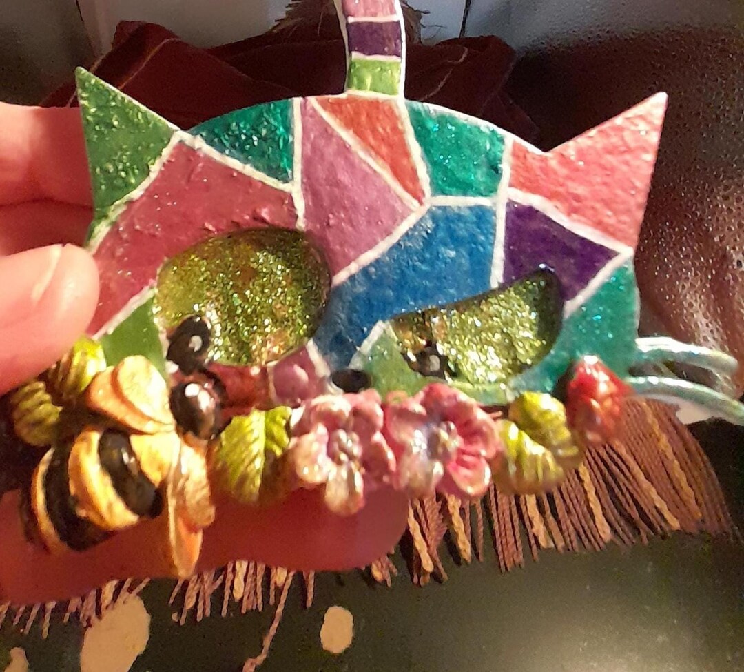 Whimsy Cat Stripe Tail Mixed Media Wall Hanging Shelf Mantle Unique ...