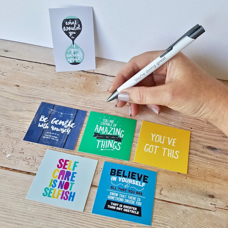 Supportive Quote Cards & Engraved Soft Touch Pen Set - Encouraging Mini ...