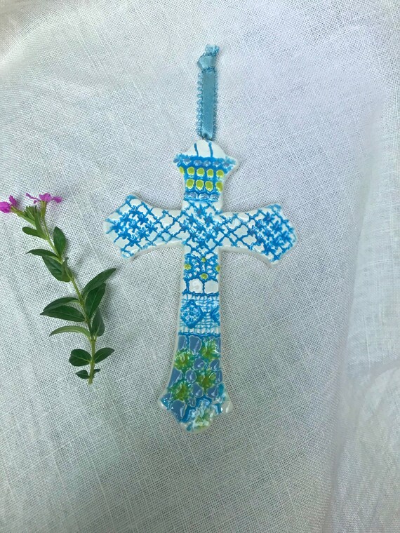 Turquoise Ceramic and Lace Cross Vintage Lace Cross | Etsy
