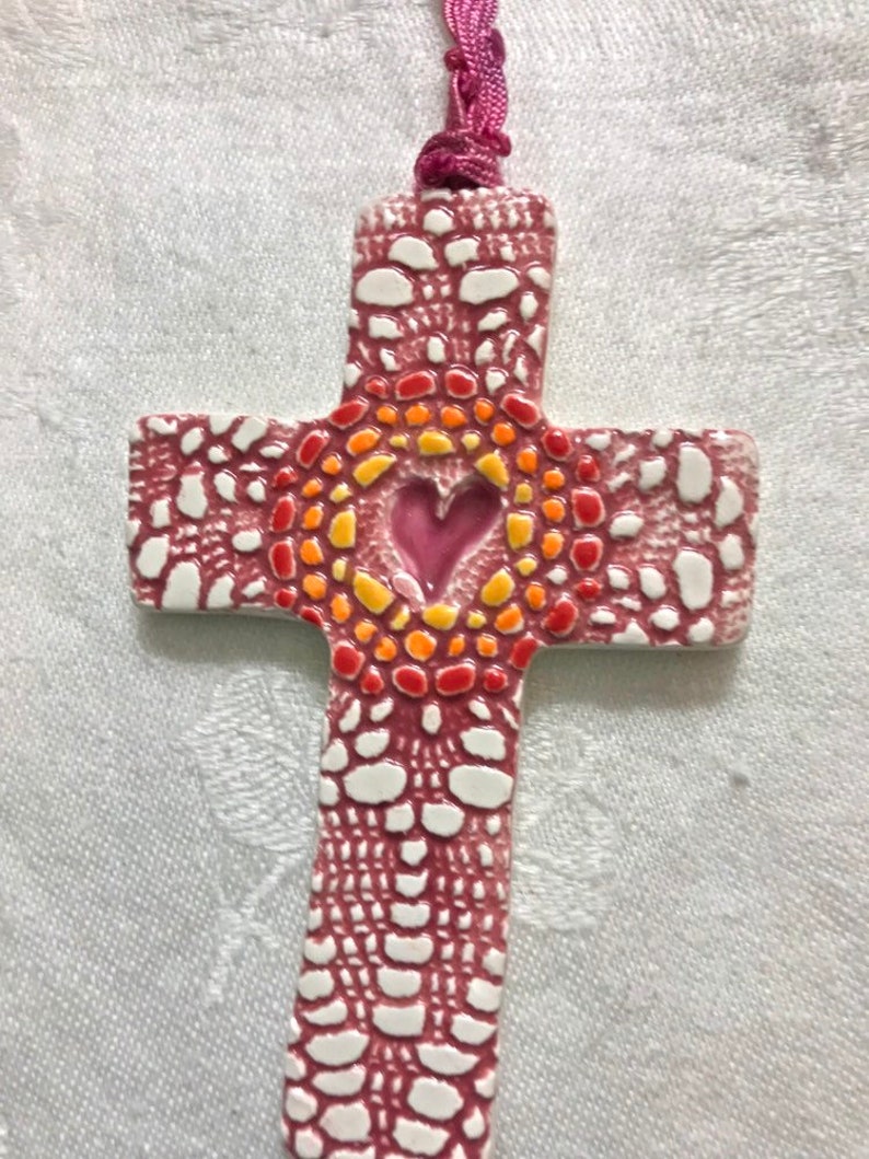 Ceramic and Lace Wall Cross, Christian Pottery Cross, Handmade Cross ...